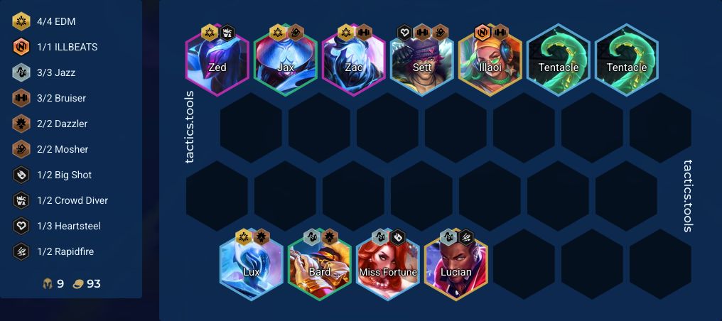 4 EDM, 3 Jazz, 2 Bruiser, 2 Dazzler, 2 Mosher - TFT Team Builder Set 10