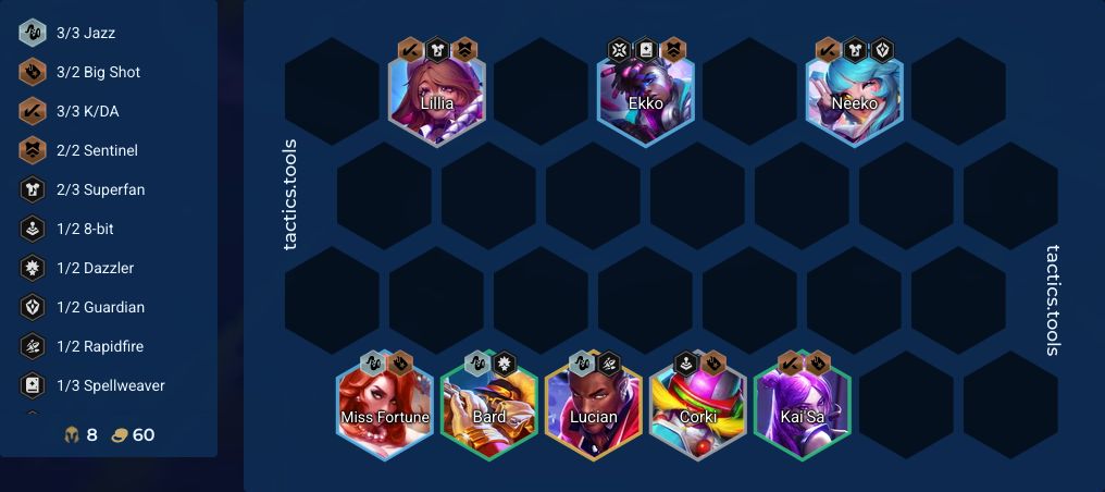 3 Jazz, 3 K/DA, 2 Big Shot, 2 Sentinel - TFT Team Builder Set 10