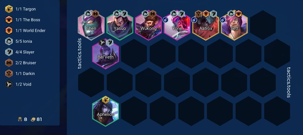 5 Ionia, 4 Slayer, 2 Bruiser, 1 Darkin, 1 Targon - TFT Team Builder Set 16